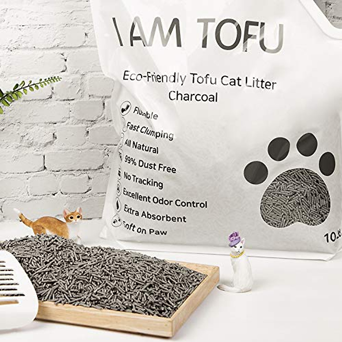 I AM TOFU - Tofu Cat Litter, Natural Flushable Extra Clumping Pellet Litter (10 lb Bag, Charcoal)