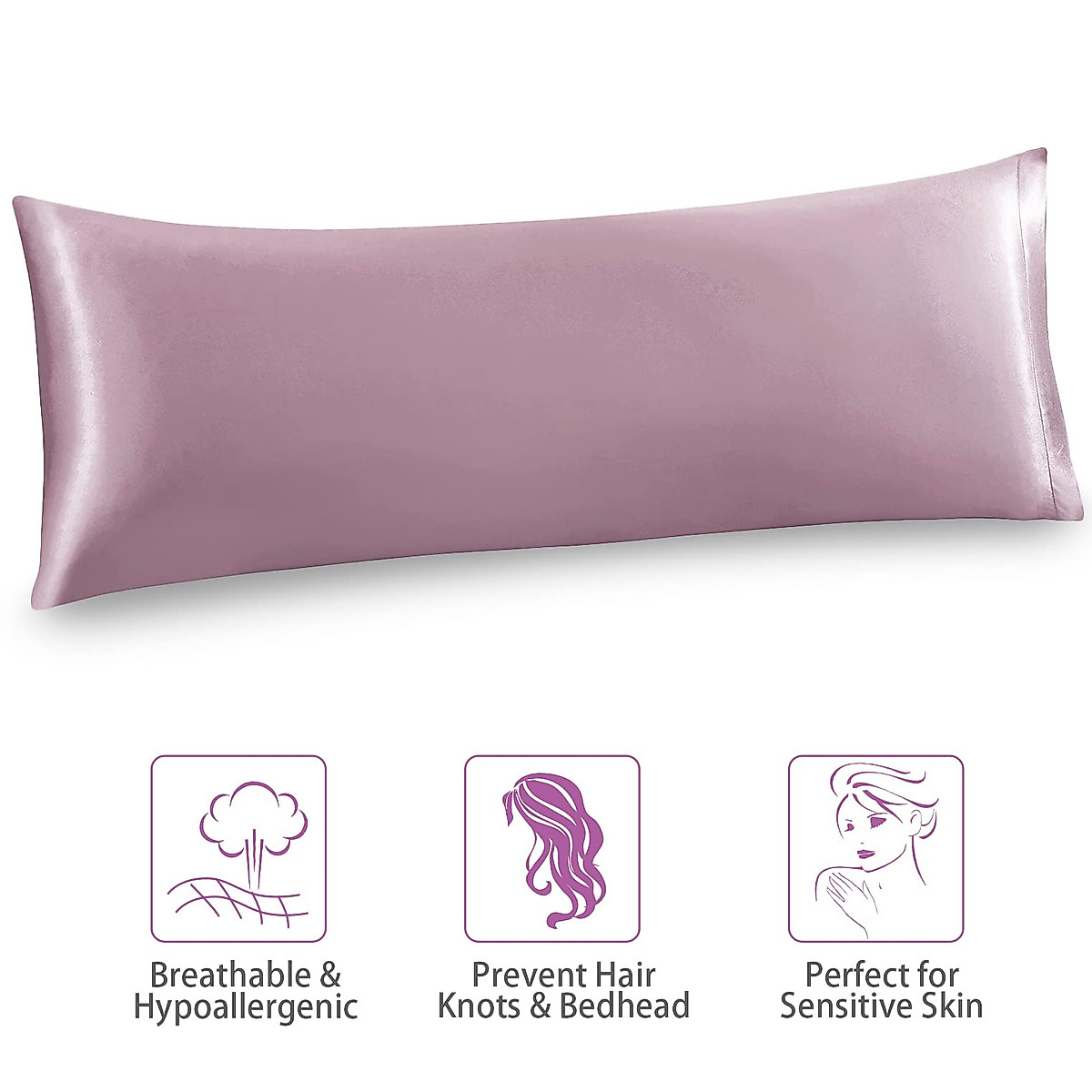 Cobedzy Purple Satin Pillowcase for Hair and Skin, Cooling 20x54 Body Pillowcase Soft Pillow Case Body Size Silky Body Pillow Cover with Envelope Closure