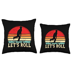 Retro Skateboarder Apparel Funny Let's Roll Skateboard Lover Throw Pillow, 16x16, Multicolor