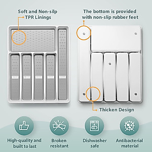 Joequality Silverware Organizer with Icons，Plastic Cutlery silverware Tray for Drawer，Utensil Tableware Flatware Organizer for Kitchen with Non-slip TPR,Fits Oversized Drawer,6-Compartment，Grey