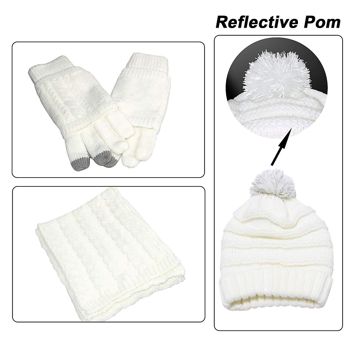 Warm Scarf Glove Hat Beanie Set - Cable Knit Winter Gift Set Pom Cap Touch Screen Glove Long Scarf 3 PCS Set for Women