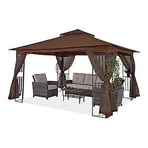 MASTERCANOPY Patio Outdoor Gazebo with Netting Screen Walls and Corner Shelf Design (11x13,Brown)