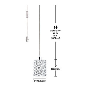 Globe Electric 65142 1-Light Cylindrical Plug-in Pendant, Polished Chrome Finish, Caged Crystal Shade, Clear 15ft Cord, in-Line On/Off Rocker Switch, E26 Base Socket, Ceiling Hanging Light Fixture