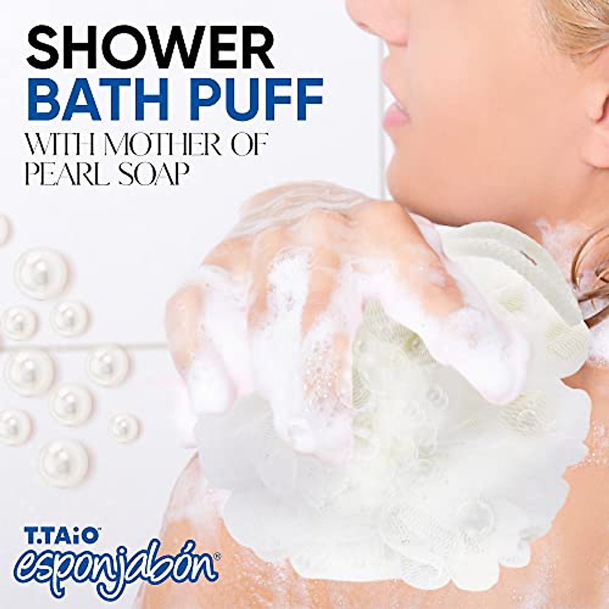 T.Taio Esponjabon Shower Bath Puff - Loofah Luffa Loufa Body Wash Ball - Mesh Pouf Scrubber for Full Cleanse Lather Skin Care - Essential Beauty Bathroom Accessories for Men & Women (Mother of Pearl)