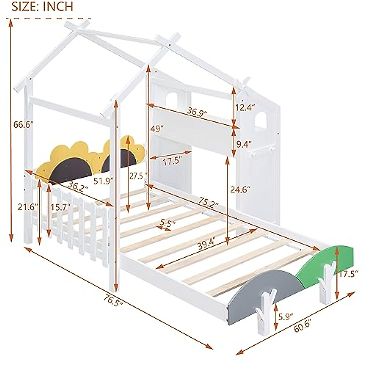 BIADNBZ Twin Size House Bed Frame with Desk and Two Handles, Wooden Platform Bedframe w/Windmill, Roof&Flower Decor, for Kids Boys Girls Bedroom, White