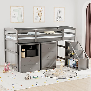 TURRIDU Low Loft Bed with Pullable Storage Staircase and 2 Cabinet, Wooden Stairway Loft Bed with Drawers and Shelves, Twin Size Bed Frame for Girls, Boys, Teens, No Box Spring Needed