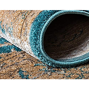 Unique Loom Aurora Collection Over-Dyed, Abstract, Botanical Southwestern, Transitional Area Rug, 8 ft x 8 ft, Teal/Beige