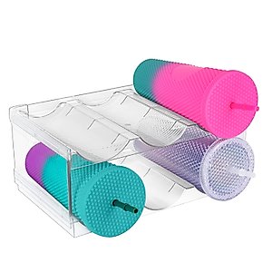 HOGARSWE Water Bottle Organizer, Storage Holder for Kitchen Organization,Fridge, Pantry,Cabinet,Countertop,Cupboard- Plastic Cup Rack Shelf for Wine，Drinks- 2 Layers,Each Rack Holds 3 Containers,Clear