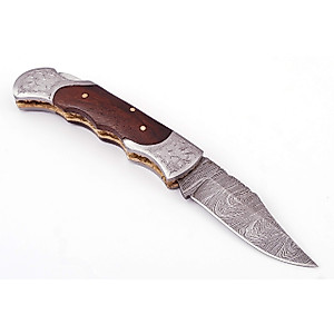 Handmade Damascus Steel Pocket Knife - Damascus Folding Knife - Pocket Knife for Men, EDC gift Knife & Damascus Blade Hunting Skinning Knife with Back Lock & Rose Wood Handle with Leather Knife Sheath