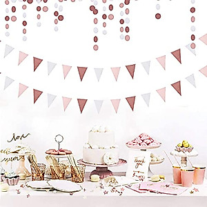 Pink-White Rose-Gold Party Decorations Banner - 2 Pack Engagement Baby Bridal Shower Paper Pennant Triangle Flags, Girl Birthday Bachelorette Mothers Day Wedding Bunting Lasting Surprise