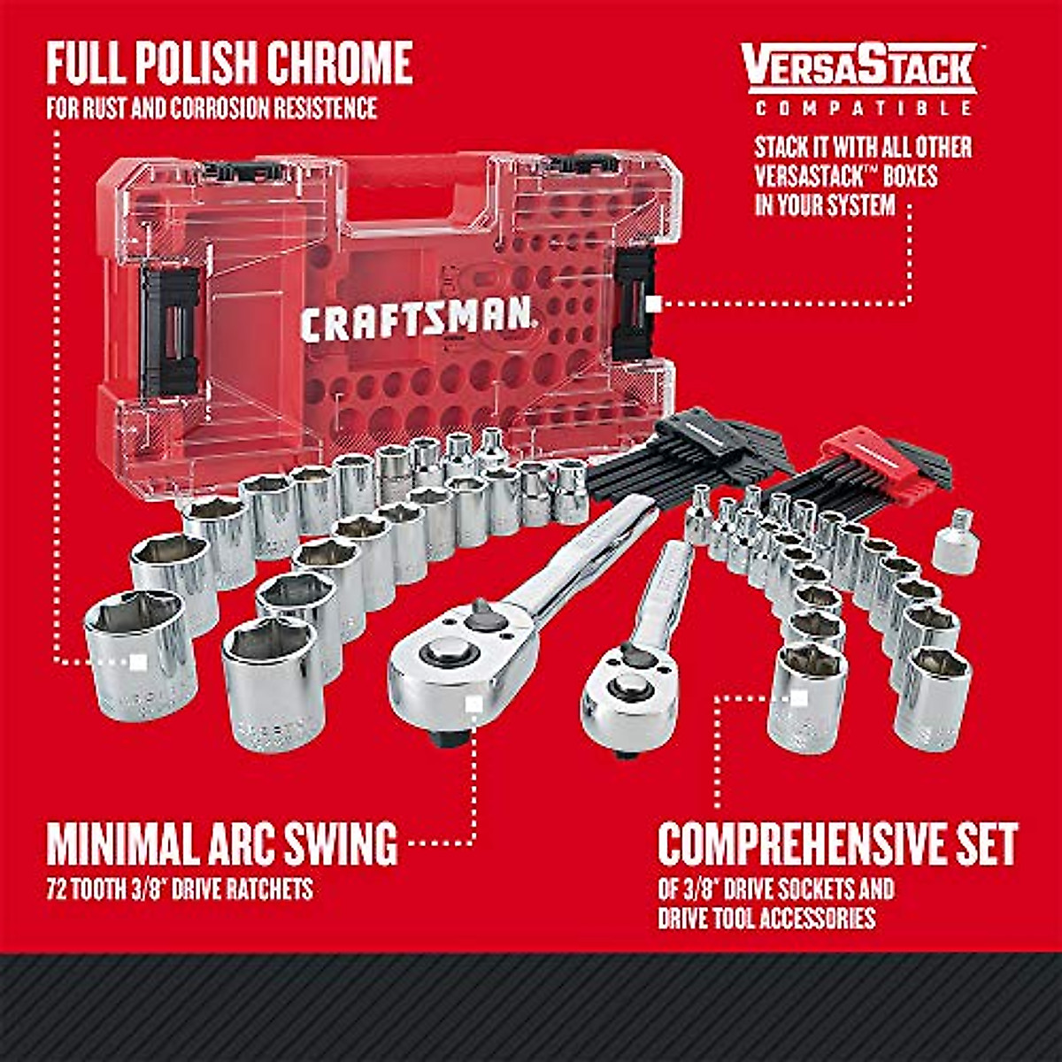 CRAFTSMAN Socket Set, 3/8 and 1/4-inch Drive, 71-Piece Mechanic Tool Set with VERSASTACK Storage (CMMT45071)