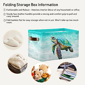 Sea Turtle Teal Large Storage Basket Cube Storage Bin Canvas Fabric Organizer Handles Collapsible Decorative for Clothes Toys Bedroom