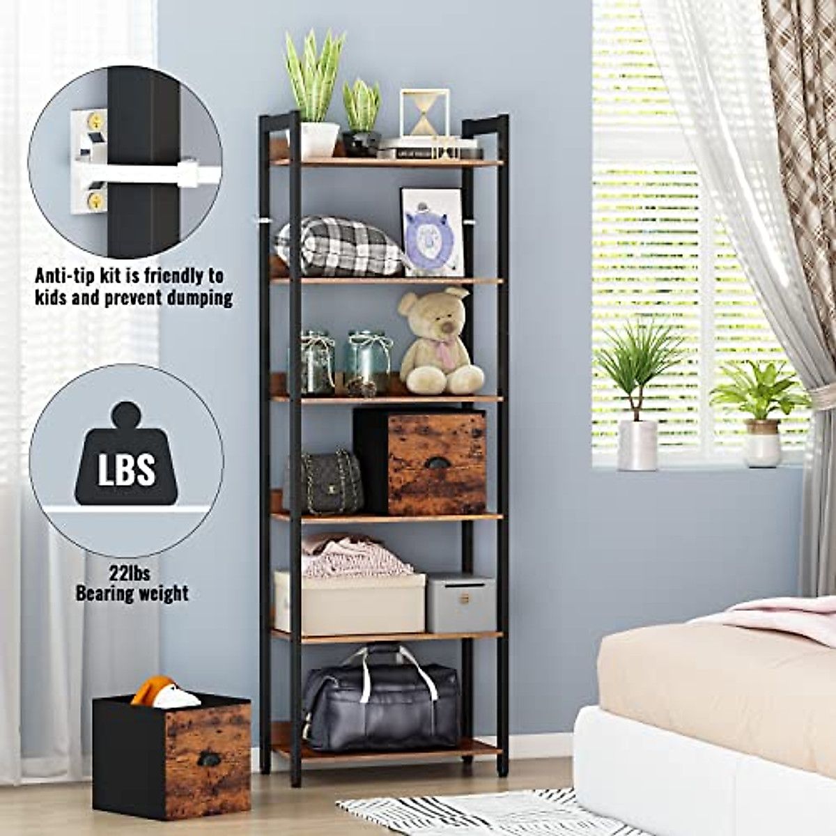 Furologee Tall 6-Tier Bookshelves, Rustic Bookcase with 2 Drawers, Nightstand with 2 Drawers, End Table with Storage Shelf for Bedroom, Living Room, Rustic Brown