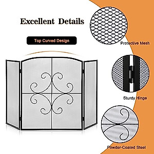 Gtongoko 3 Panel Fireplace Screen 48" W x 29" H Wrought Iron Decorative Fire Spark Guard Grate for Living Room Home Decor - Black