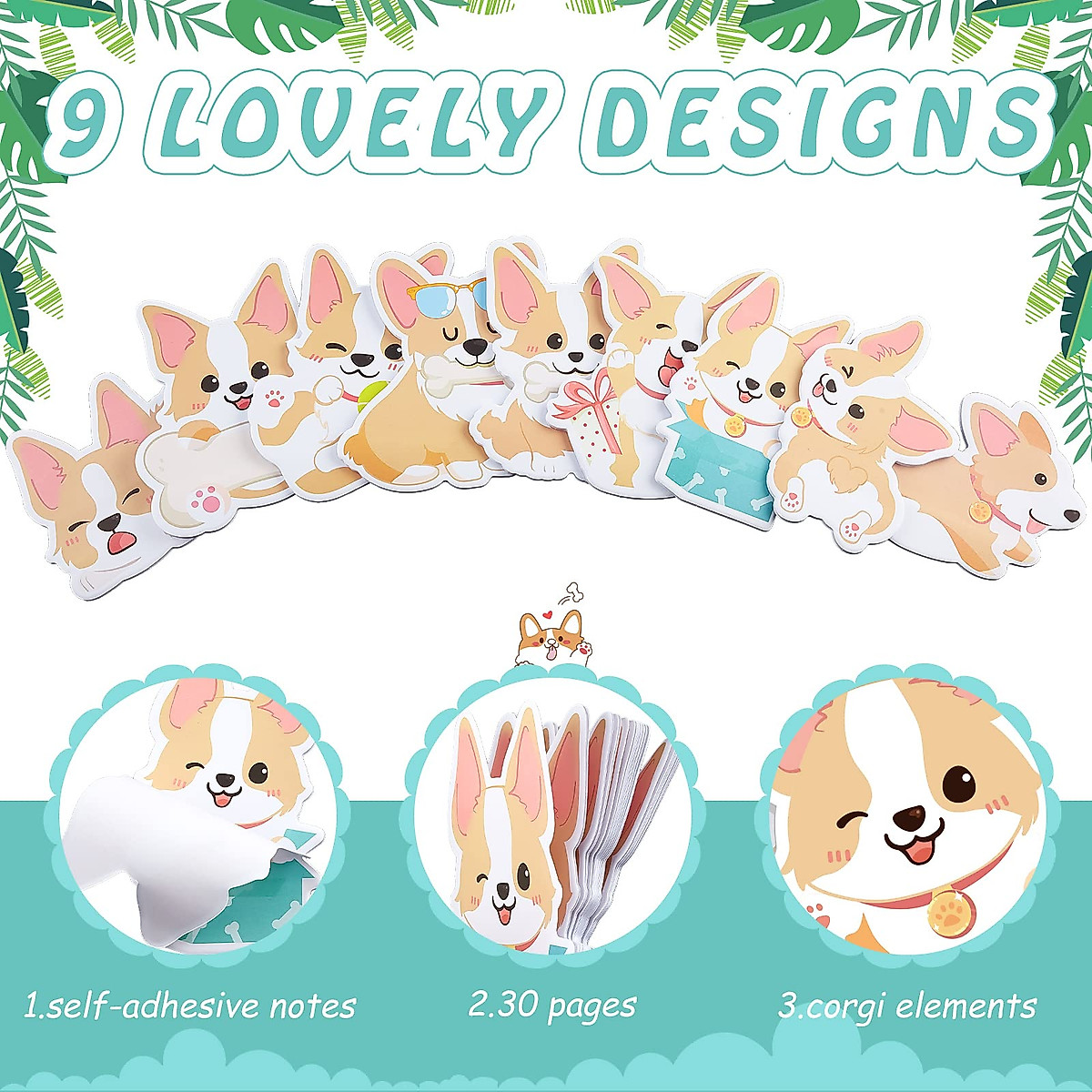 Gueevin 9 Pads Dog Sticky Notes Cute Cartoon Dog Memo Pad Gifts for Dog Lovers Funny Self Stick Note Pads Kawaii Humor Notebook Notepad for Office Classroom Supplies, 30 Pages/Pad (Corgi)