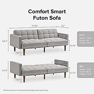 mopio Aaron Futon Convertible Sofa Sleeper Futon Twin Size with Arms Split Back Design 77.5" (Fabric, Light Gray)