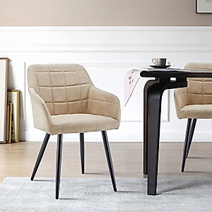 CLIPOP Faux Leather Accent Dining Chairs Set of 4, Upholstered Modern Kitchen Chairs with Arms, Metal Legs, Backrest, Leisure Armchairs for Living Room Office Cafe Restaurant Home Funiture, Beige