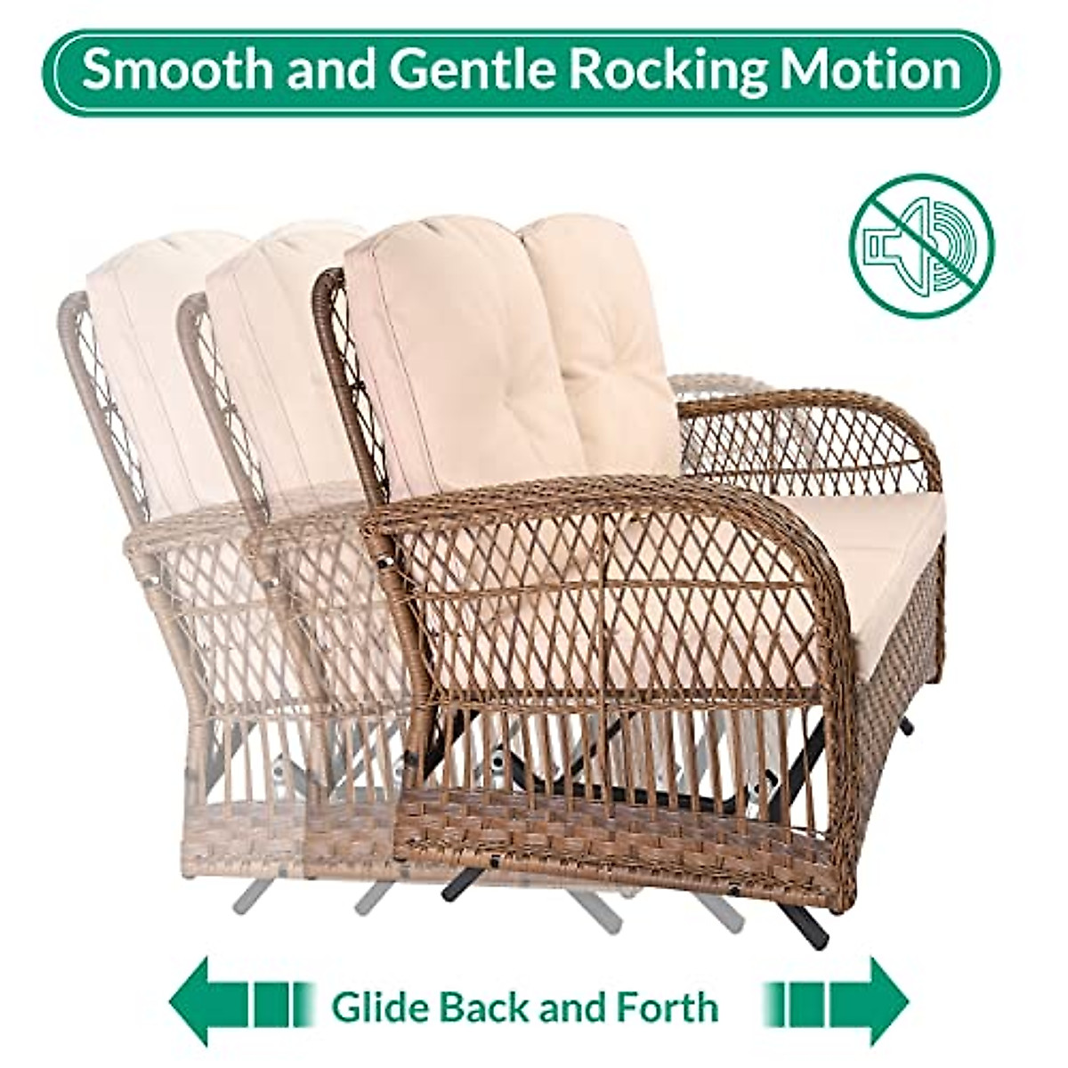 VIVIJSAON 2-Piece Patio Wicker Loveseat Glider Set Cushioned, Outdoor Conversation Furniture Sets with 2-Seater Glider Rocking Bench, Coffee Table and Cushions for Porch Garden Poolside, Light Brown