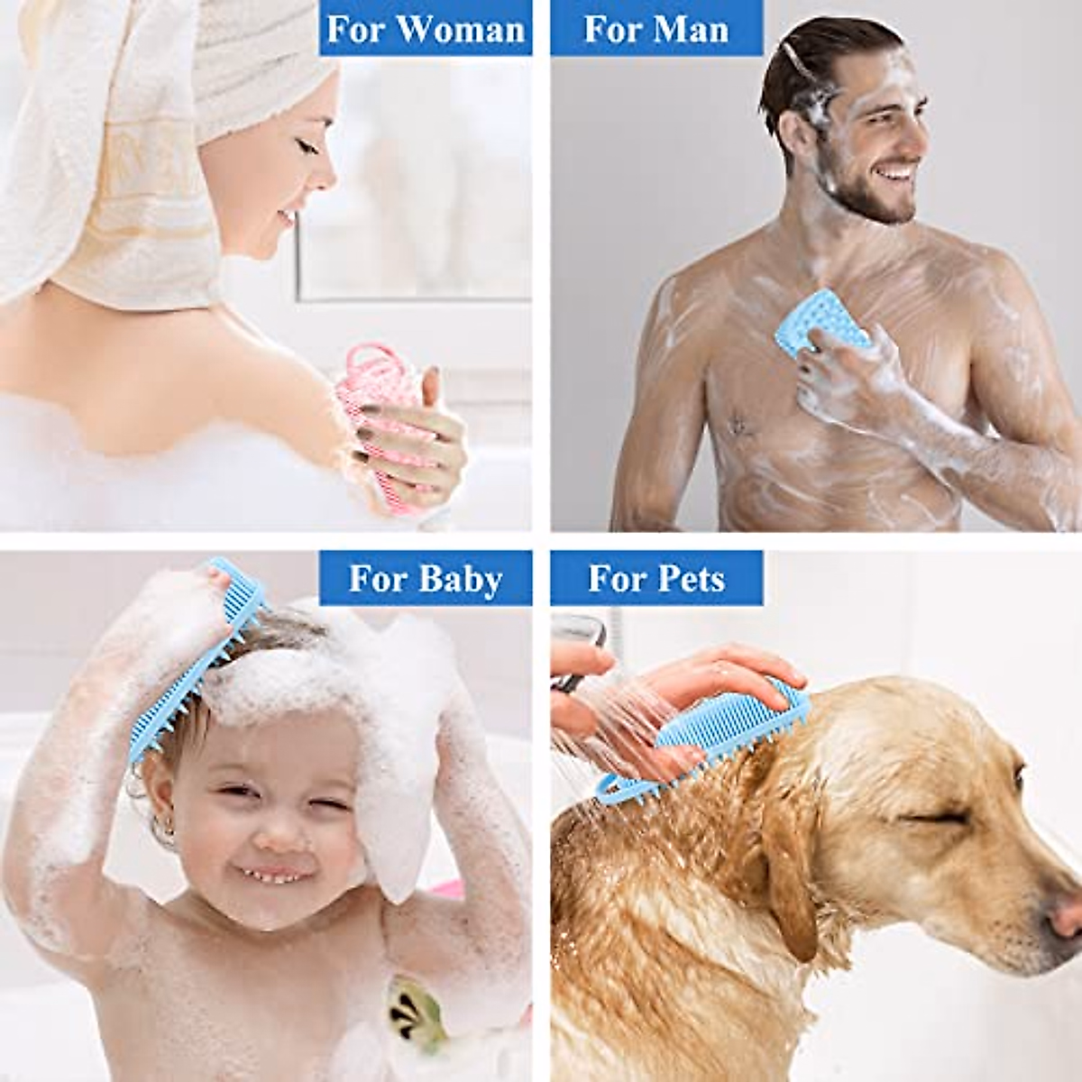 Silicone Body Scrubber Loofah, 2 in 1 Shower Scrubber for Body, Soft Silicone Loofah for Sensitive Women Men All Kinds of Skin, Scalp Massager Shampoo Brush, Exfoliating Bath Brush (2PC, Blue&Pink)