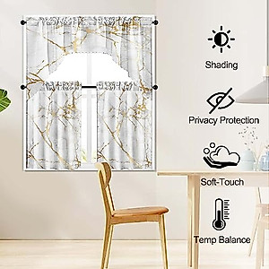 ULQUISNCE Marble Luxury Gold Tier and Swag Window Curtain Set, 3Pcs Kitchen Curtain Marble Art Valance Set White Rod Pocket Curtain for Kitchen Window Modern Unique Patterns
