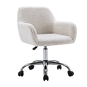 KCC Faux Fur Vanity Makeup Desk Chair, Comfy Fluffy Swivel Modern Leisure Armchair with Wheels, Upholstered Fuzzy Height Adjustable for Teens Women Girls Elegant Home Office