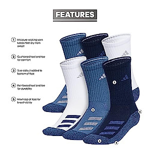 adidas Kids-Boy's/Girl's Cushioned Angle Stripe Crew Socks (6-Pair), White/Collegiate Navy/Wonder Steel Blue, Large
