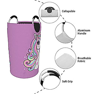 Dujiea 82l X-Large Laundry Basket Tall, Rose Unicorn Collapsible Laundry Hampers with Aluminium Handles Big Clothes Basket Kids Laundry Bin Round Storage Basket for Dorm Room