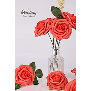 MACTING 30PCS Artificial Rose Flowers Real Touch Coral Red Flowers with Stem Fake Roses for DIY Wedding Bouquet Table Centerpieces Party Holiday Baby Shower Home Spring Decorations
