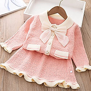 Toddler Baby Girls Fall Winter Outfit Long Sleeve Knitted Buttons Sweater Tops Mini Skirt Birthday Princess Cardigans Bowknot Ruffle Knit Autumn Spring Winter Clothes Set Pink-Bowknot 12-18 Months
