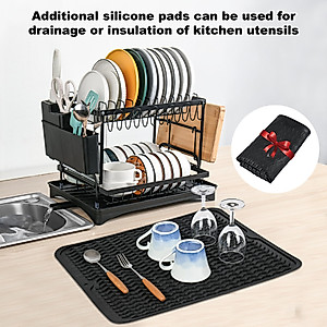 SRIVIJA 2 Tier Detachable Large Sink Dish Drying Rack Over The Kitchen Counter with Drainboard&Silicone Dish Drying Mat,Kitchen Large 2 Tier Stainless Steel Drying Rack with Dishes Drainer(Black)