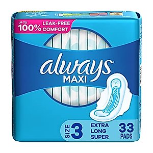 Always Maxi Feminine Pads for Women, Size 3 Extra Long Super Absorbency, with Wings, Unscented, 33 Count