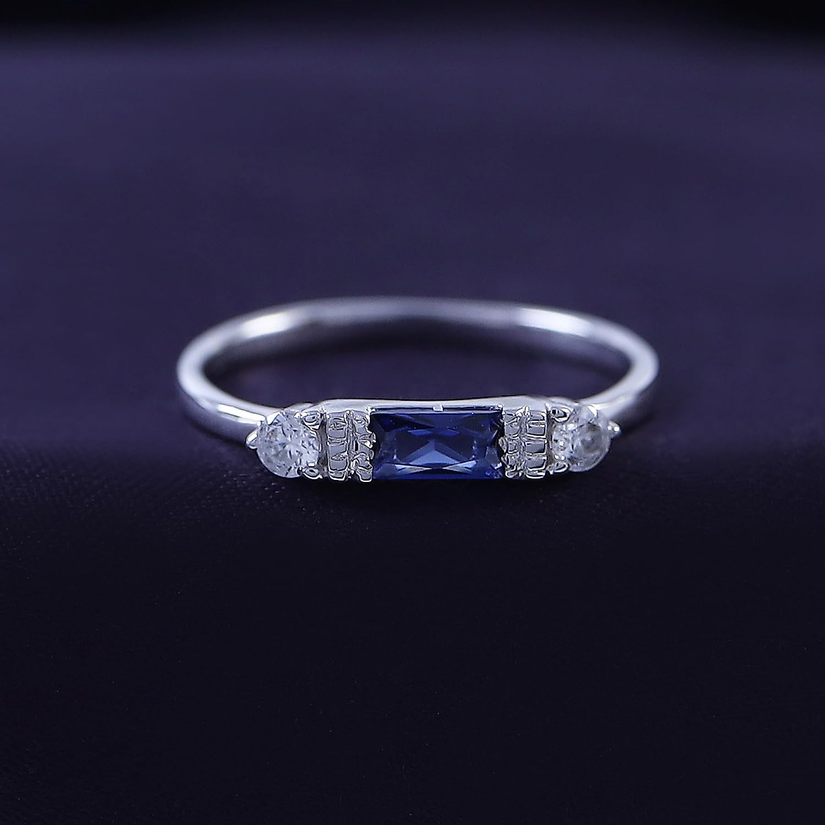 AFFY Baguette Simulated Sapphire Blue & White Cubic Zirconia 14K White Gold Over Sterling Silver Three Stone Design Bridal Engagement Wedding Ring Jewelry for Women Size -8