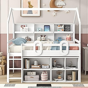 Harper & Bright Designs Twin Size House Loft Bed with Multiple Storage Shelves,Wood Kids Loft Bed with Storage,Twin Playhouse Bed for Boys, Girls, White