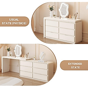 Guyii Makeup Vanity Set, Extendable Vanity Table with 6 Drawers, Modern Dressing Table with LED Makeup Mirror and Chair, Girl's Dresser, Bedroom Dresser