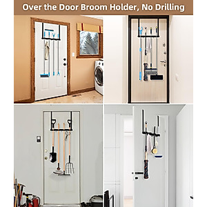 PrimZooty Broom Holder Over The Door - 304 Stainless Steel Mop and Broom Holder Wall Mounted or Hanging Over The Door with Hooks - Broom Hanger, Broom Storage Tool Organizer for Garage Closet Laundry