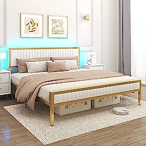 HOMFAMILIA King Size Bed Frame with Headboard, Upholstered White and Gold Platform Bed Frame w/LED Lights and Under-Bed Storage, No Box Spring Needed, Noise Free, Easy Assembly