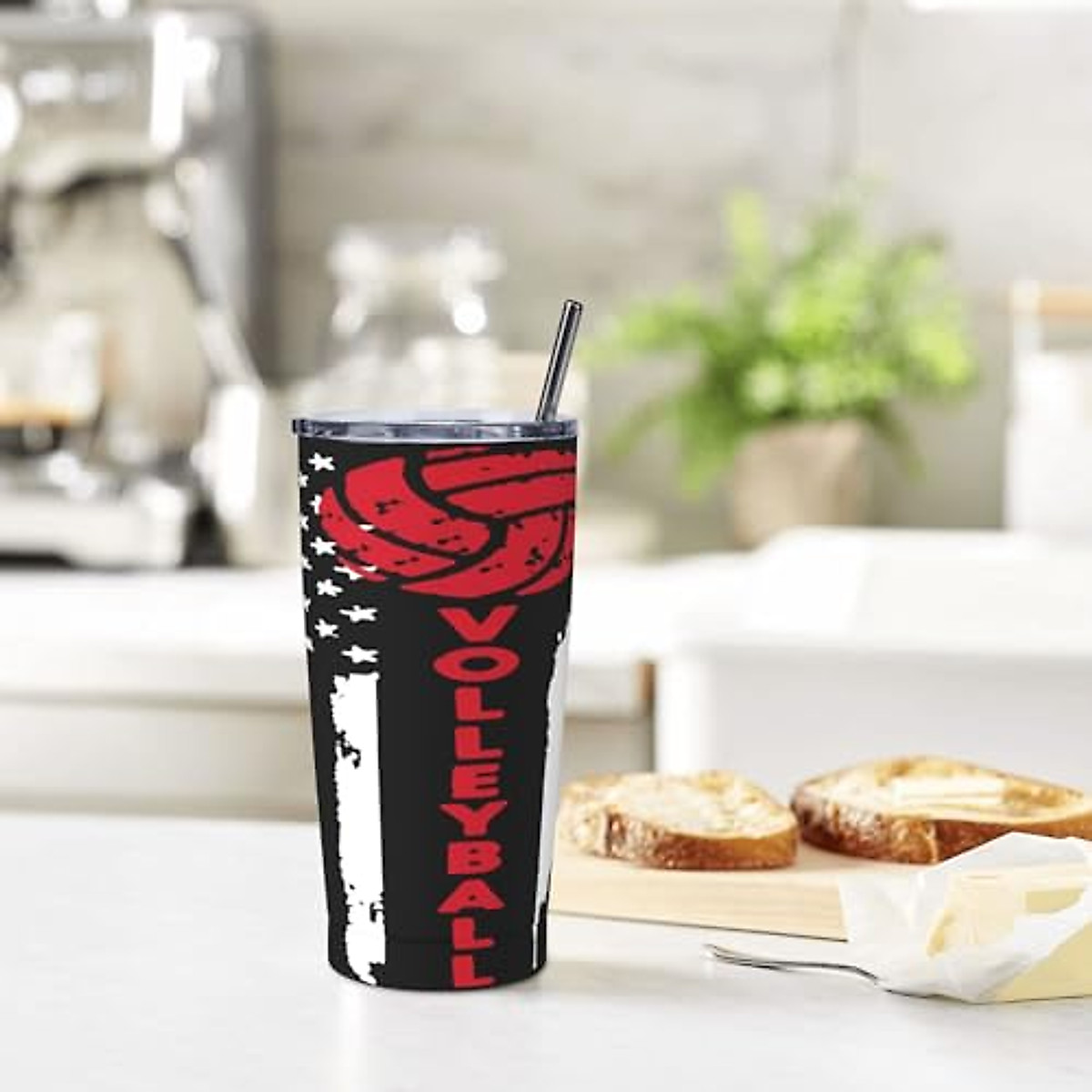 VKKOEWL American Flag Volleyball Sports Stainless Steel Insulated Tumbler 20 Oz Travel Water Bottle Coffee Mug Drink Cup With Lid Straw
