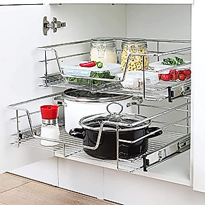MYOYAY 2Pcs Pull Out Cabinet Organizer Bowls Dishes Storage Shelf Extendable Sliding Kitchen Drawer Heavy Duty Seasoning Cutlery Cookware Storing Basket Home Dining Organization