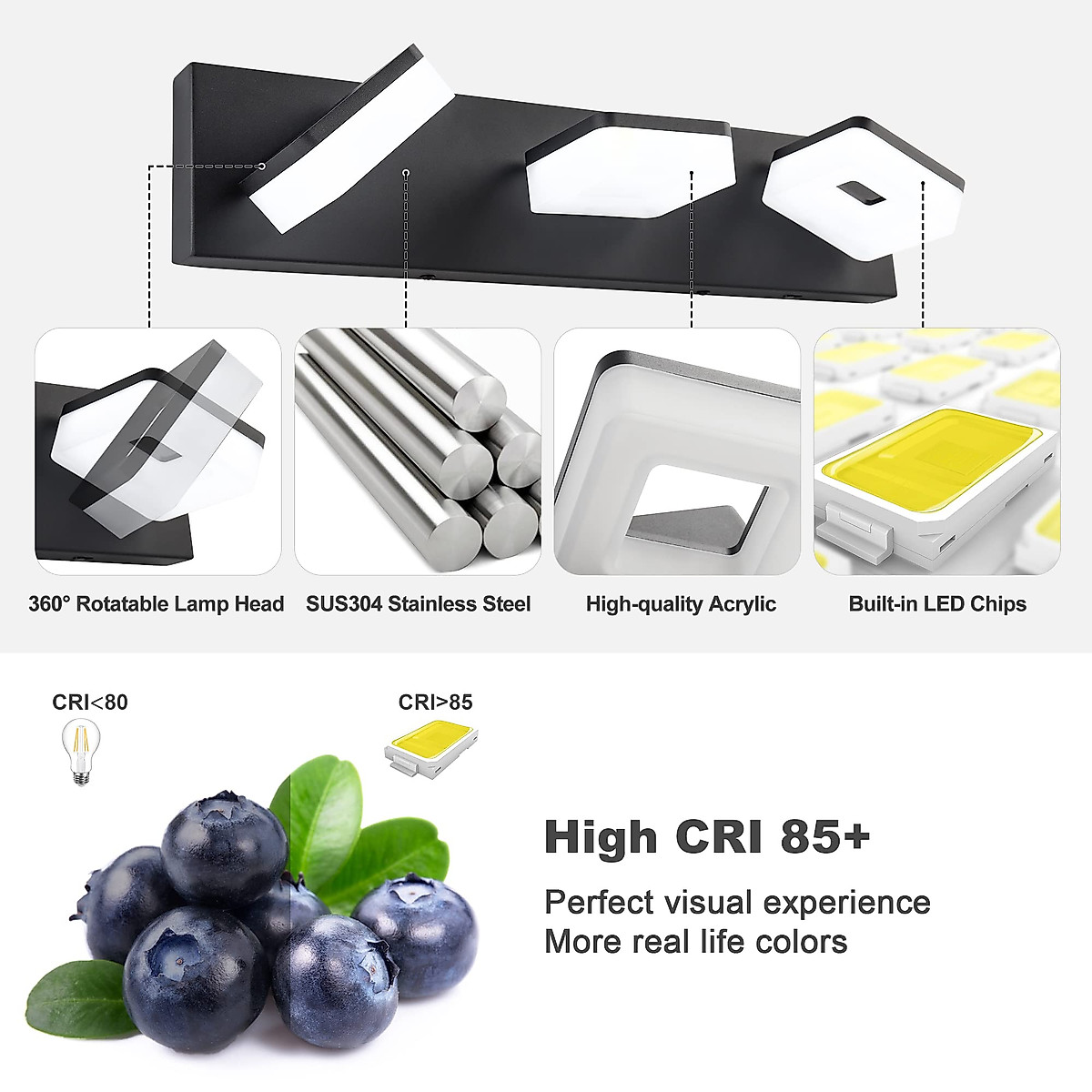 3 Colors Dimmable Black Bathroom Light Fixtures over Mirror LED Vanity Lights for Bathroom Acrylic Stainless Steel 3 Light Bathroom Vanity Light Fixtures, Adjustable 3000K/4000K/6000K, 360° Rotate