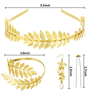 WILLBOND 15 Pieces Greek Goddess Costume Accessories Women Toga Golden Leaves Bridal Crown Headband Bracelet Pearl Earrings and Hair Pins (Classic Style)