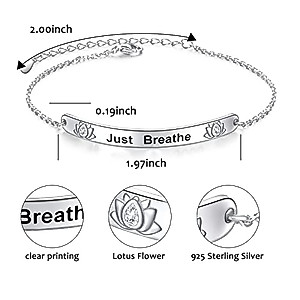 925 Sterling Silver Just Breathe Bracelet for Women for Anxiety Stress Relieving Lotus Flower Charm Bracelets for Lady Yoga Fans Inspirational Cuff Bangle Bracelets