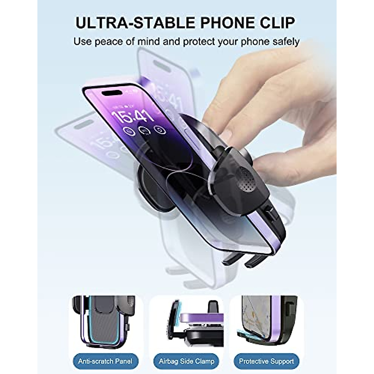 Car Vent Phone Holder Mount Clip with Extension Arm[2 Mounting Options][Never Blocking] Universal 2 In 1 Car Cell Phone Holder Mount [360°Rotation] Compatible with iPhone 13 14 Samsung All 4-7"Phone