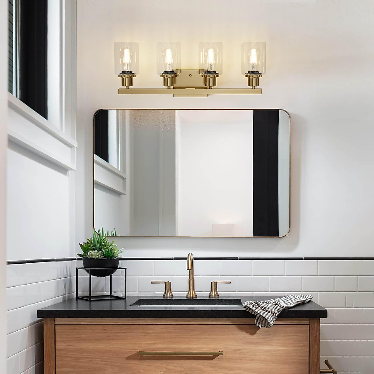DIKAIDA Bathroom Vanity Light, 4-Light Modern Matte Gold Wall Sconce Lighting with Clear Glass Shade, Black Wall Lights,Bath Vintage Wall Mounted Lamps for Mirror Bedroom Living Room