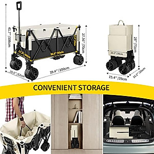 Heavy Duty Utility Collapsible Wagon with All-Terrain 4in×7in Wheels,Load 440 Lbs,Portable 200L Large Capacity Beach Wagon,Adjustable Handle for Garden,Outdoor,Camping,Beach, Shopping (Black & Khaki)