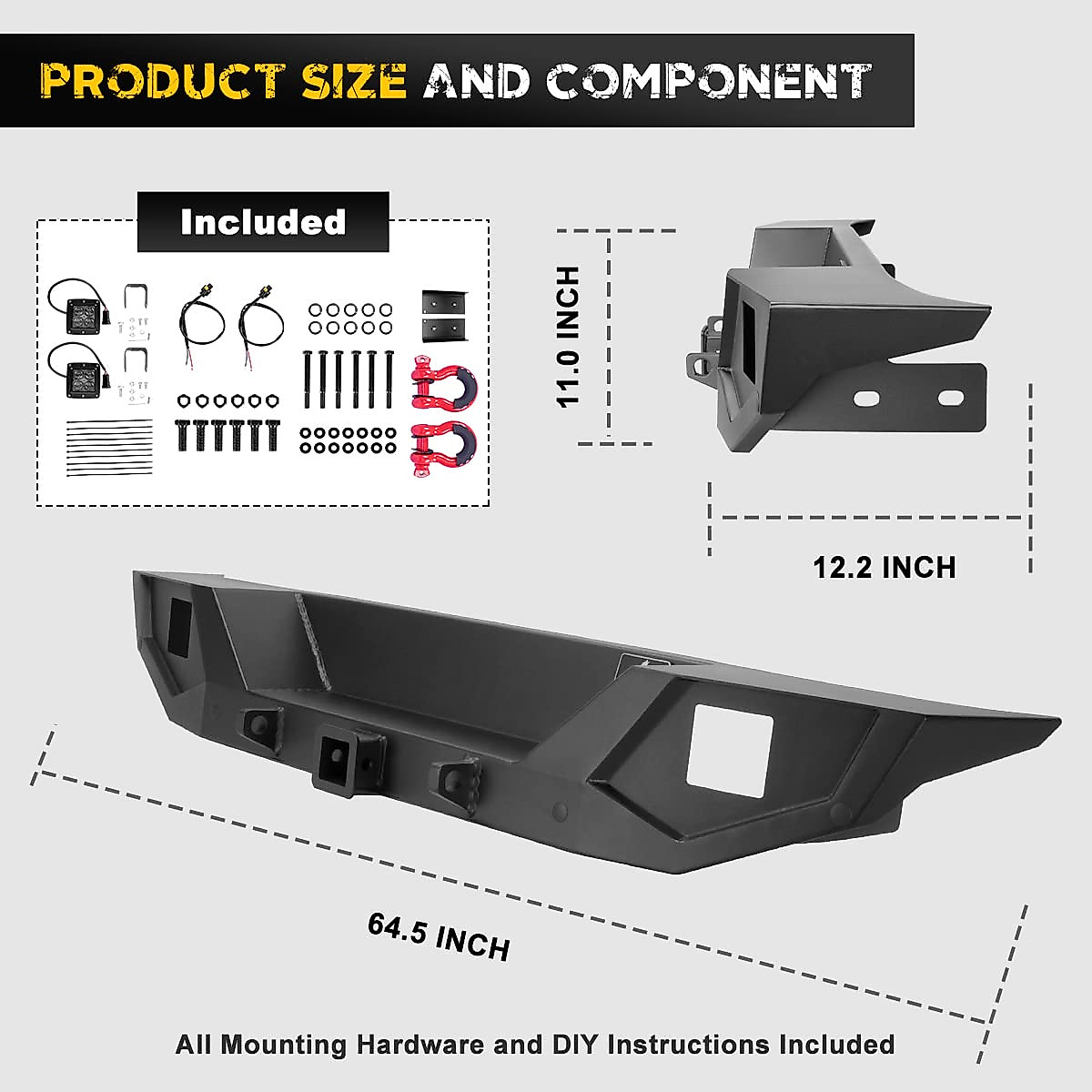 Rear Bumper Compatible for Jeep 2007-2018 Wrangler JK & JKU Unlimited (2/4 Doors),HAWKLEY Rock Crawler Offroad Back Bumper with Hitch Receiver & 2x LED Lights & 2x D-Rings