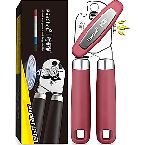 PrinChef Can Opener Manual, Can Tin Bottle Opener with Magnet - No-Trouble-Lid-Lift, Handheld Can Opener Smooth Edge with Sharp Blade, Heavy Duty and Easy to Use, for Seniors with Arthritis, Red