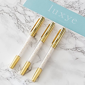 luxye Gold Pen with Gold Cap - 3 Fine Ballpoint Gold Crystal Pens in Glossy White Gift Box | Gold Office Decor Supplies (Gold - Black Ink)