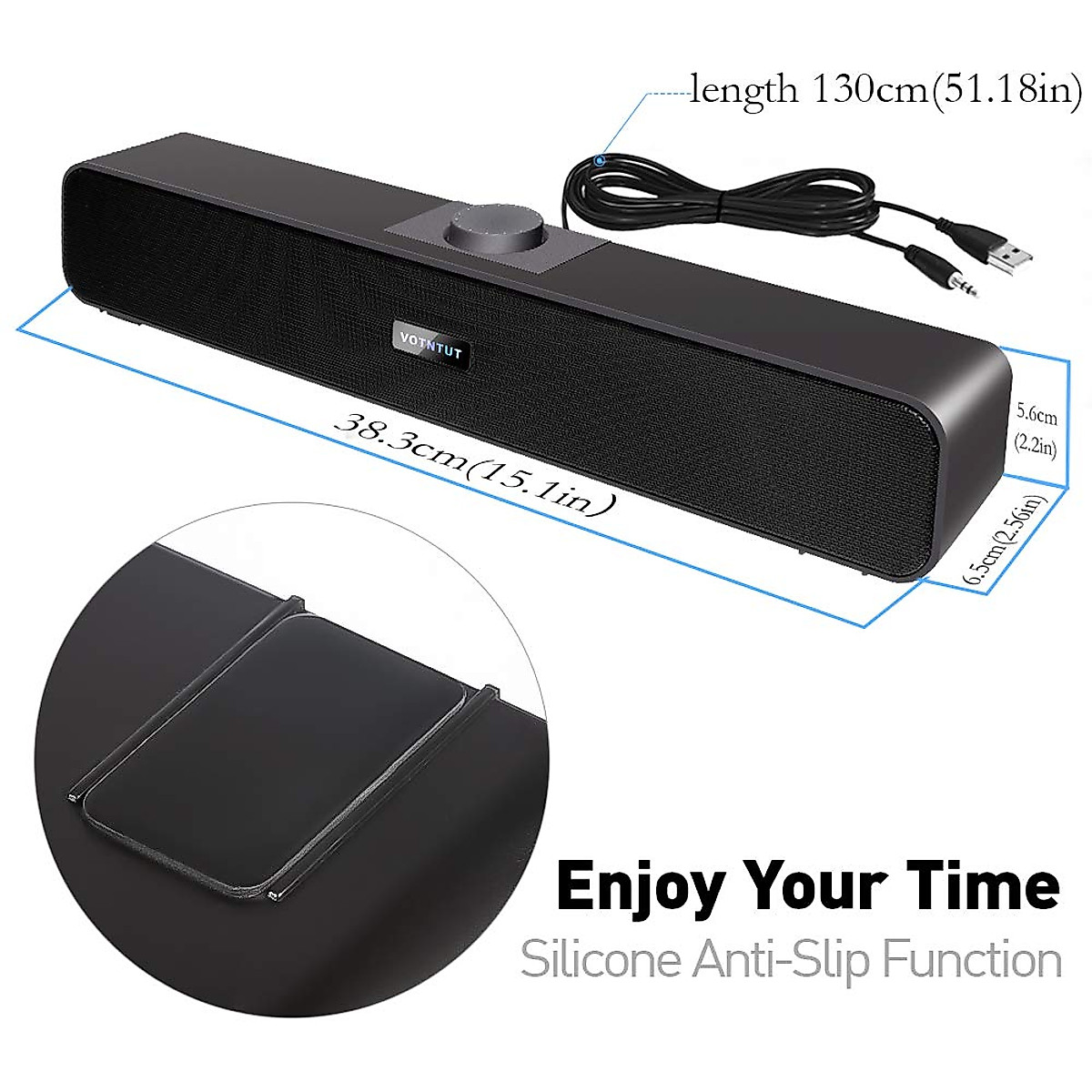 VOTNTUT Computer Speakers,Wired USB Desktop Speaker,Stereo USB Powered Mini Sound Bar Speaker for PC Tablets Desktop Laptop MP3 Mac Air/Pro((USB-C to USB Adapter Included)