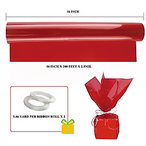 Tickjoy 200 ft Red Cellophane Wrap Roll (16 in x 200 ft), Colored Cellophane Wrap-Red Transparent Cellophane Wrap for Gift Baskets, Attached with 2-Roll Ribbon