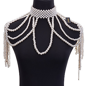 Jerollin Simulated Pearl Body Statement Necklace for Women, Fashion Collar Bib Necklaces Costume Jewelry White